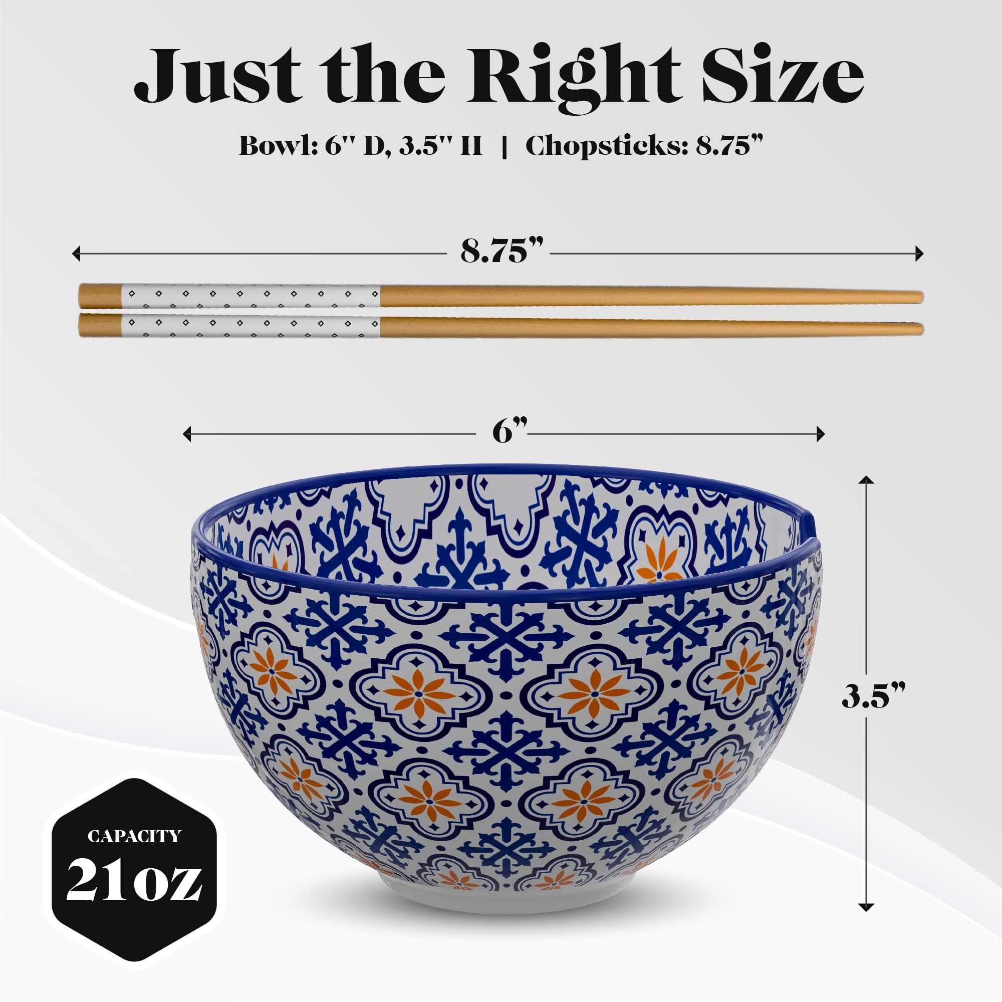 American Atelier Ramen Bowl with Chopsticks | Set of 2 | Soup Bowls for Kitchen | Udon Noodle Bowls with Chopsticks | Stoneware Soup Bowl | 6" Diameter (21 Oz) - Medallion Blue & Orange Design