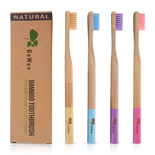 GoWoo 100% Natural Bamboo Toothbrush Soft - Organic Eco Friendly Toothbrushes with Soft Nylon Bristles, BPA-Free, Biodegradable, Dental Care Set (Pack of 4, Adult, Rainbow)