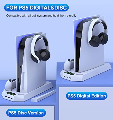 PS5 Stand with Cooling Station PS5 Controller Charging Station for Playstation 5 PS5 Console Disc/Digital Edition, PS5 Accessories-Cooler Fan/Remote Charger/Media&Headset Holder/3-USB Hub/Screw White