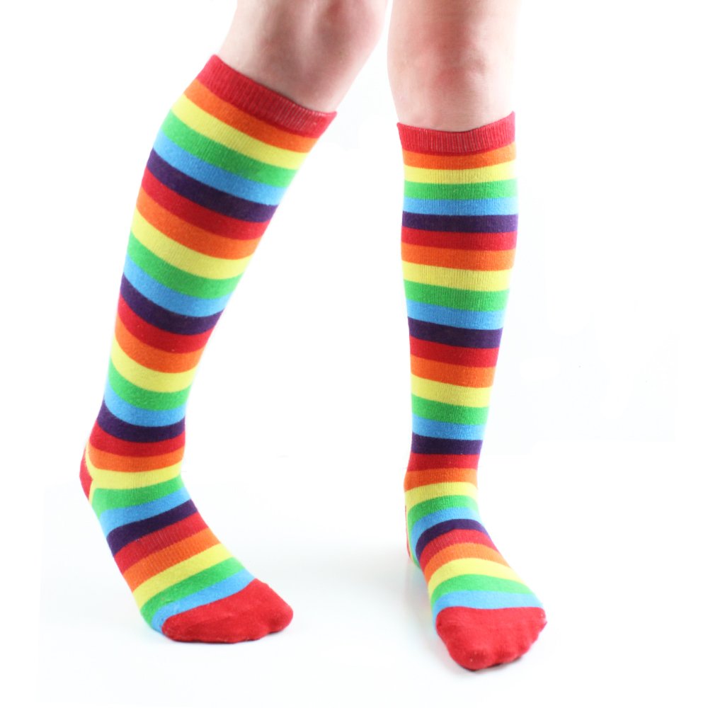 juDanzy Tall Knee High Rainbow Socks with Grips for Baby, Toddler, and Child (6-10 Years, Classic Rainbow Stripes)