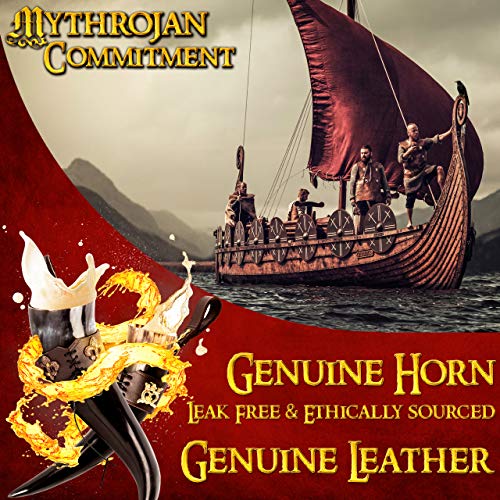 Mythrojan THE WEALTHY MERCHANT - Viking Drinking Horn with Black Leather holder Authentic Medieval Inspired Viking Wine/Mead Mug β Polished Finish
