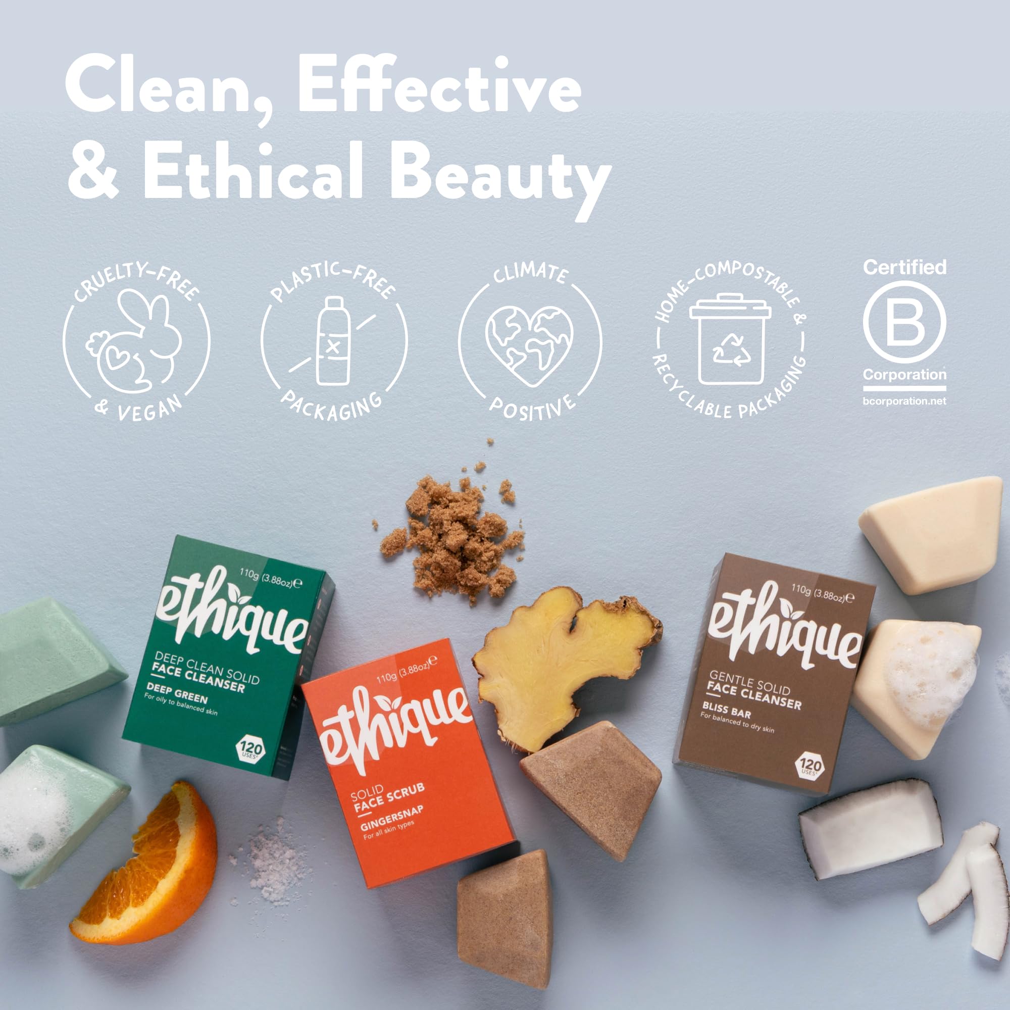 Ethique Gingersnap - Gentle Natural Solid Face Scrub - Exfoliating Face Cleanser for All Skin Types -Vegan, Eco-Friendly- Zero-Waste, Plastic-Free, Cruelty-Free, 3.53 oz (Pack of 1: 4 bars)