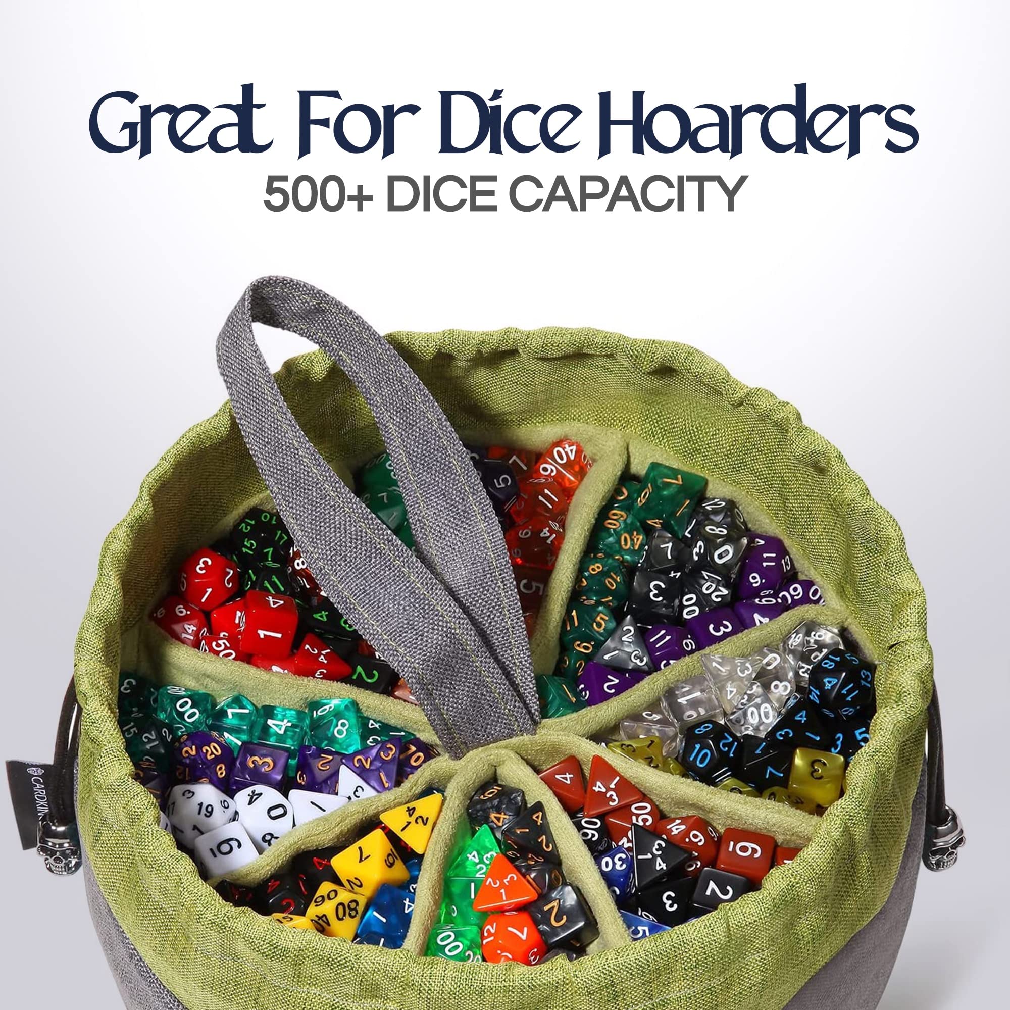 CardKingPro Monstrous - Dice Bag with 8 Pockets - Gray/Green - Huge Capacity 500+ Dice - Great for Dice Hoarders