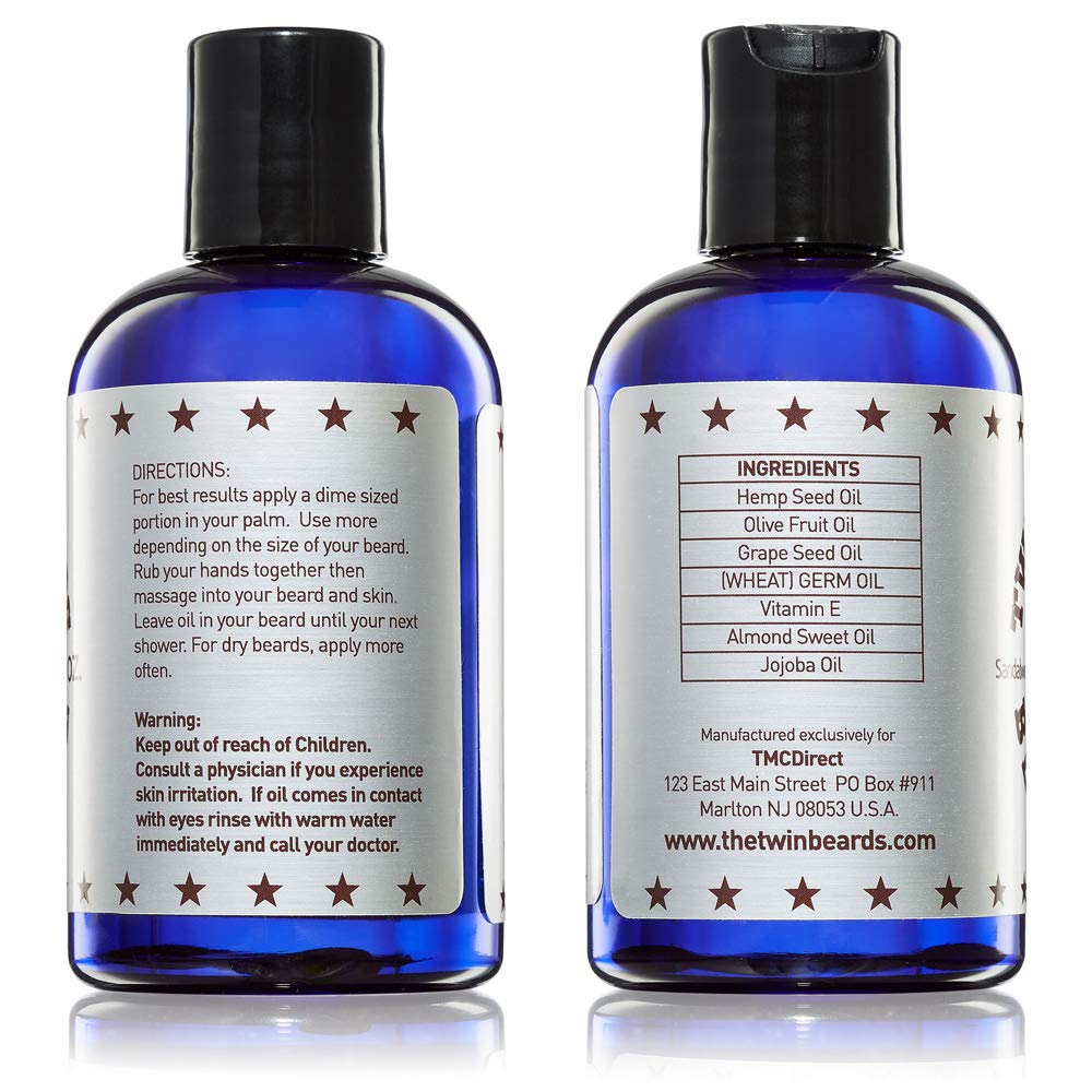 Twin Beards Sandalwood Beard Oil for Men | Beard Conditioner for Men | Essential Beard Care | Beard Softener for Men during Beard Growth | Beard Moisturizer | Mens Beard Oil Sandalwood | 4 oz