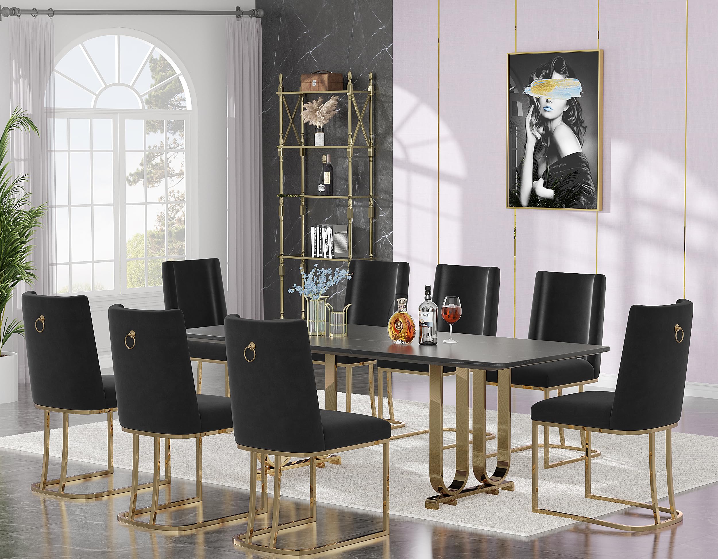 71 Inch Modern Black Dining Table Kitchen Table with Brushed Brass Metal Legs, Lauren Gold&Black Top Wood Dining Room Table for 8, Rectangle Contemporary Dining Table for 6
