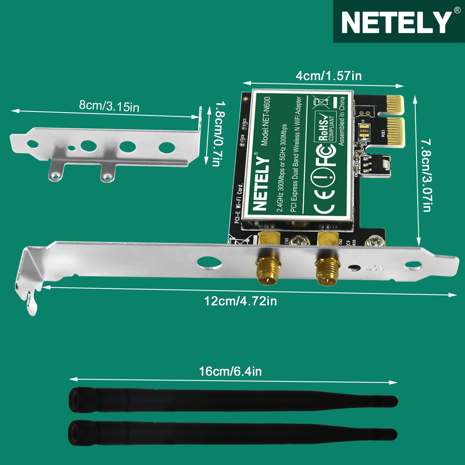 NETELY Wireless N Dual Band 600Mbps 2-Stream PCIE WiFi Adapter for Desktop PCs, PCIE WiFi Card, 2.4GHz 300Mbps and 5GHz 300Mbps, Qualcomm Atheros Wireless Network Adapter(NET-N600)