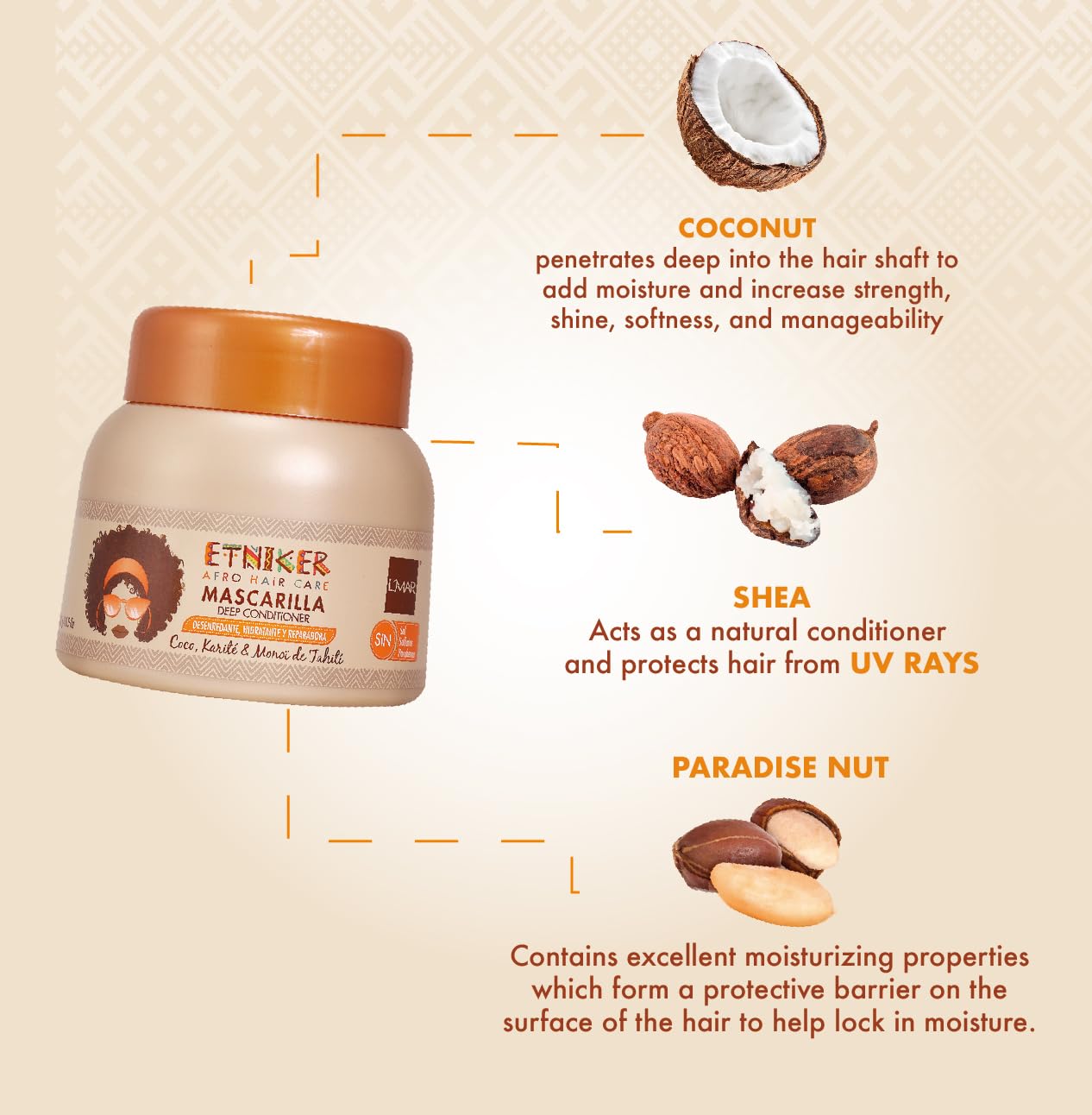 ETNIKER Deep Conditioning Mask for Afro-Curly, Wavy hair | Detangle, Soften & Moisturize | Coconut Oil, Shea Butter, Monoi Oil | Free from Salt, Sulfates, Parabens by Lmar | 10.5oz"