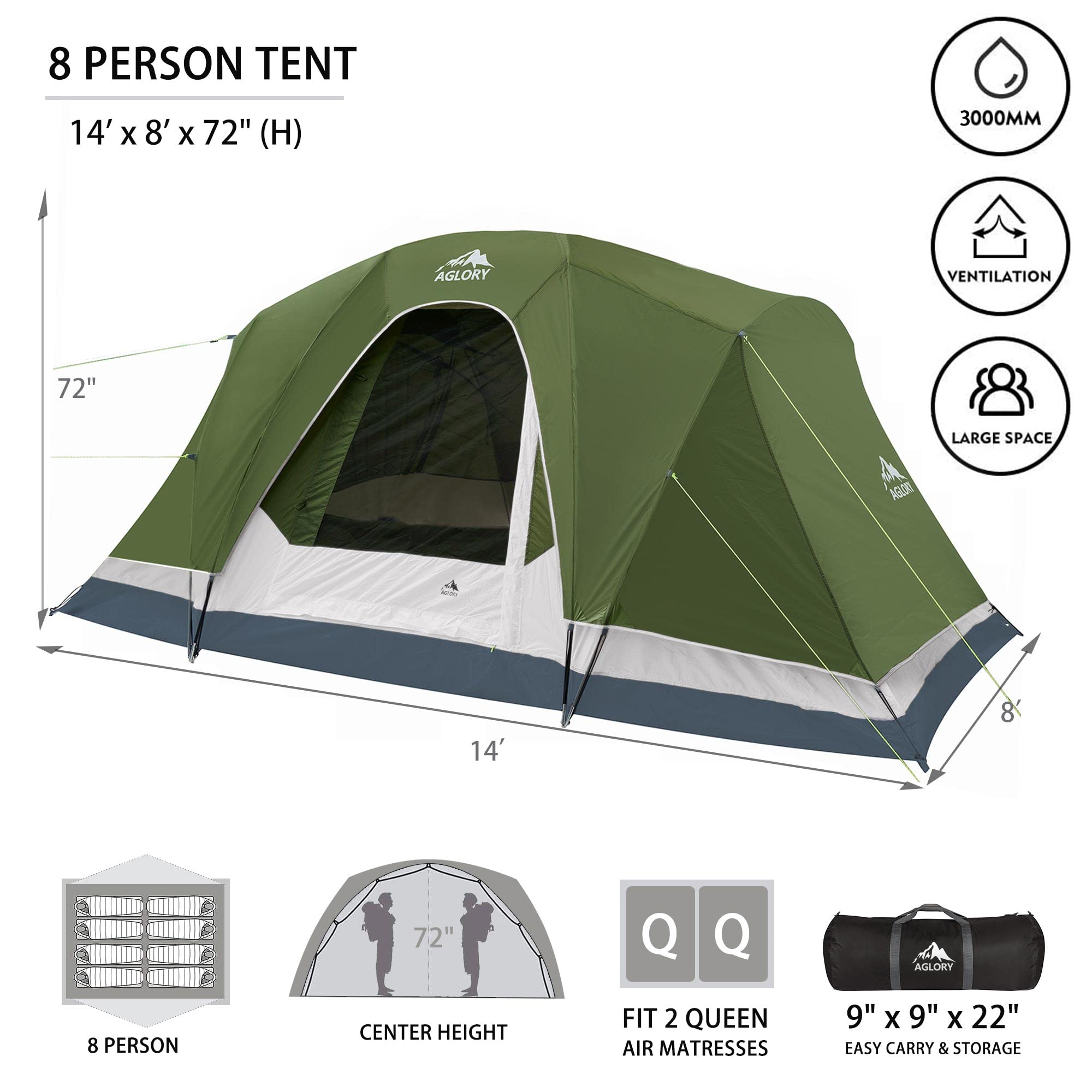 8 Person Camping Tents, 14’ X 8’ X 72'', Easy Set Up,Waterproof Family Tent for Outdoors & Travel with Large Mesh Windows