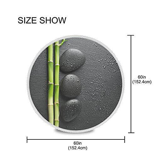 Black Zen Basalt Stones with Dew Green Bamboo on Dark Round Table Cloth, Circle Table Linen White Lace Dinner Tablecloth Mat, Desk Cloth Cover for Home Party Wedding 60 Inches
