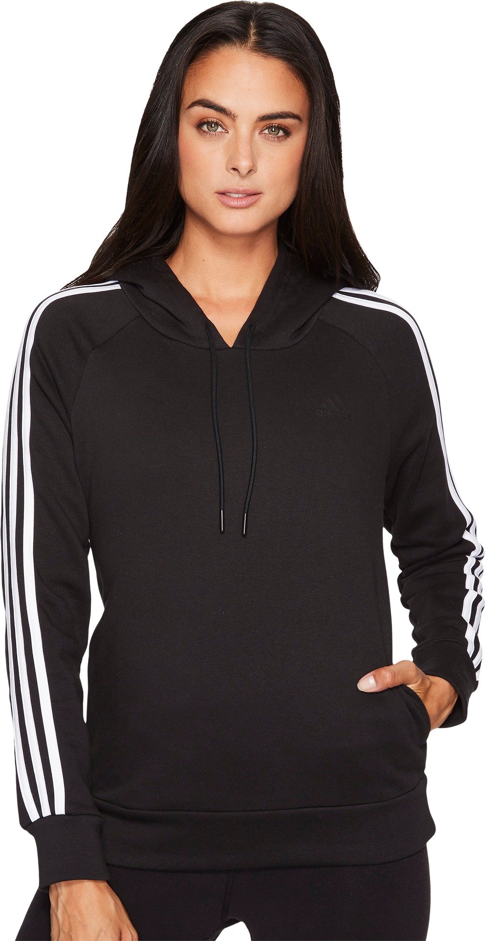 adidas Women's Athletics Essential Cotton Fleece 3 Stripe Pullover Hoodie, Black/White, Medium