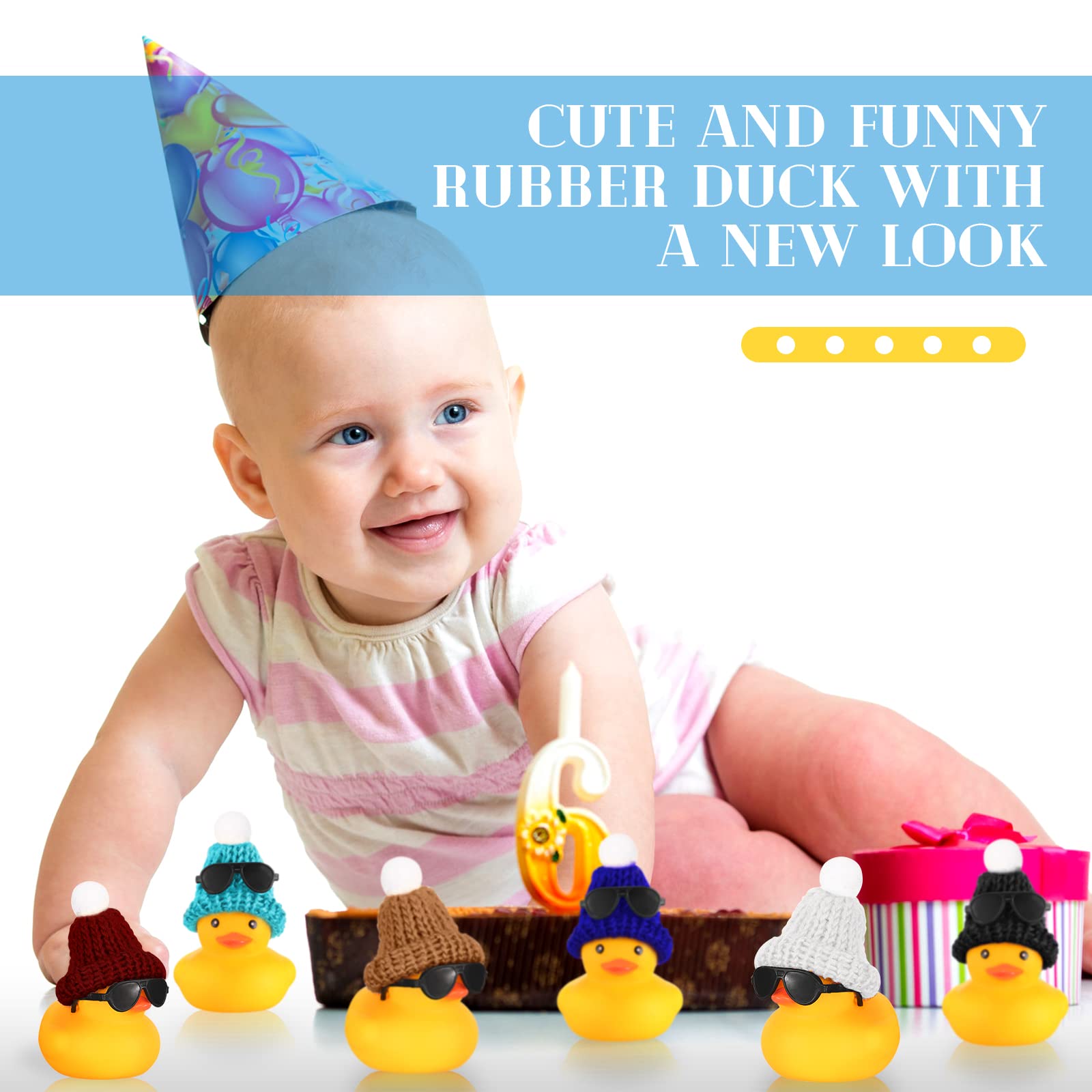 48 Pcs Mini Rubber Duck in Bulk with 48 Pcs Sunglasses and 48 Pcs Knitting Hats Sets, Duck Bath Rubber Ducky Bathtub Toys for Gift Cruise Birthday Baby Shower Party