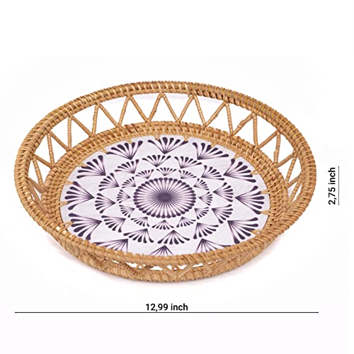 BemiaoCrafts 13" Round Boho Rattan Tray with Wooden Base, Decorative Tray, Rustic Style, Lacquer Serving Basket for Breakfast Food, Round Tray as Coffee Table Decor, Storage and Display