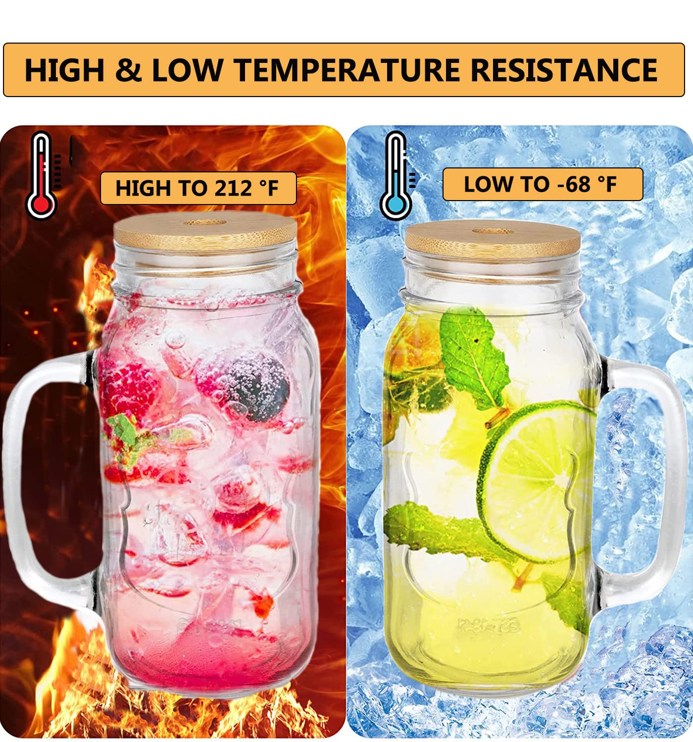 4 Pack Can Glass Set with Handle,24 OZ Mason Jar with Bamboo Lids and Glass Straws Can Shaped Glass Cups,Drinking Glasses, Pint Glasses for Smoothies, Tea, Cola, Juice,Soda (4 Pack)