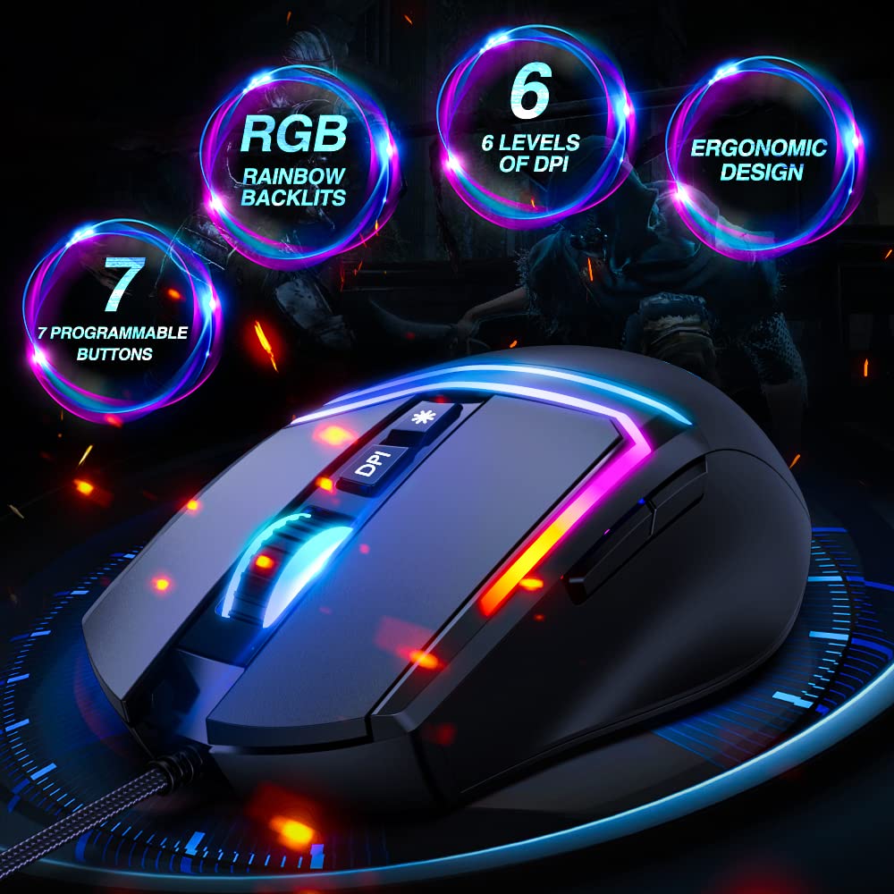 BENGOO Wired Gaming Mouse, PC Computer Mice USB Mouse with 6 RGB LED Modes, High-Precision 6 Adjustable DPI Up to 8000, 7 Programmable Buttons, Ergonomic Optical Mouse for Windows PC Mac Laptop Gamer