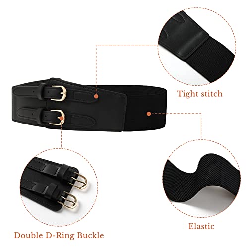 AWAYTR Double Buckle Women's Elastic Belt - Ladies Stretchy Wide Belts for Dresses, Leather Waist Belts for Women Jeans(Black 37-49")