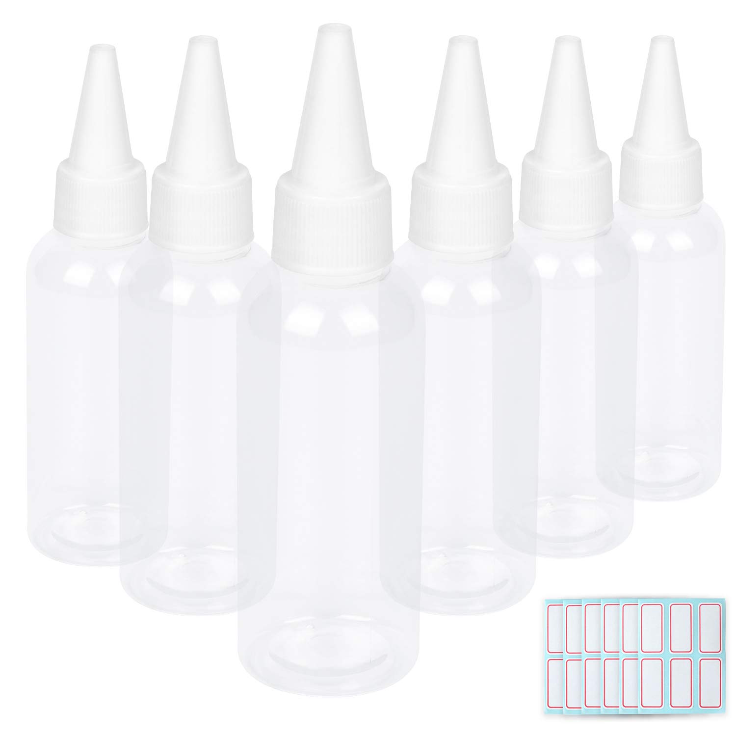 TRENDBOX 2oz Clear Plastic Bottles Applicator with Twist Top Cap BPA-Free For Hair Oils and Liquids 6 Pack with 6pcs Labels