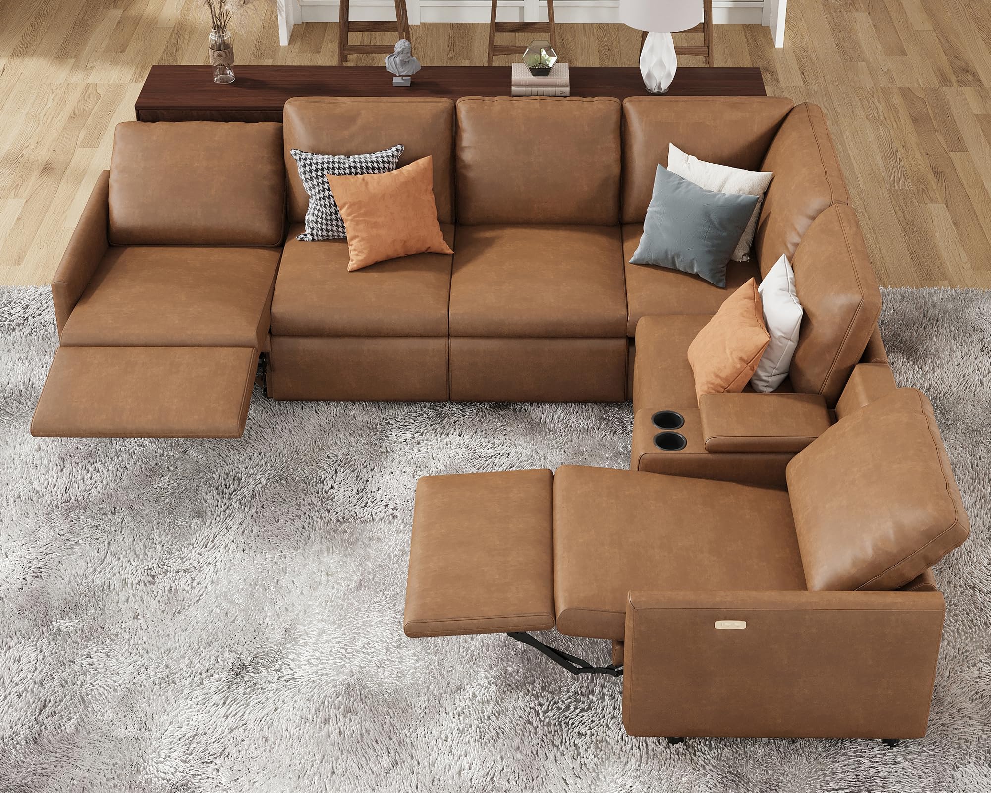 AMERLIFE Power Recliner, Reclining Sectional Couch with Console & Dual Recliner, 6 Seats Leather Modular Sofa with Cup Holder& Charging Socket, L Shaped Couch for Living Room