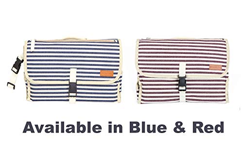 Simple Being Portable Changing Pad, Travel Diaper Canvas Clutch Mat, Diaper Bag Essential with Storage Pockets for Wipes and a Supportive Foam Head Pillow Padding (Navy Stripe)