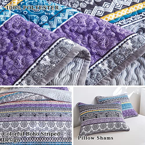 FlySheep Colorful Quilt Set Queen Size, 3 Pieces Purple Boho Stripes Design Lightweight Summer Bedspread/Coverlet Bedding Set, Soft Microfiber for All Season - 92x90 inches