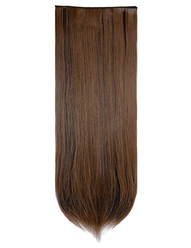LELINTA 24" Straight Long 4 PCS Set Thick Clip in on Synthetic Hair Extensions Hairpieces for Women Dark Brown Mix Light Auburn
