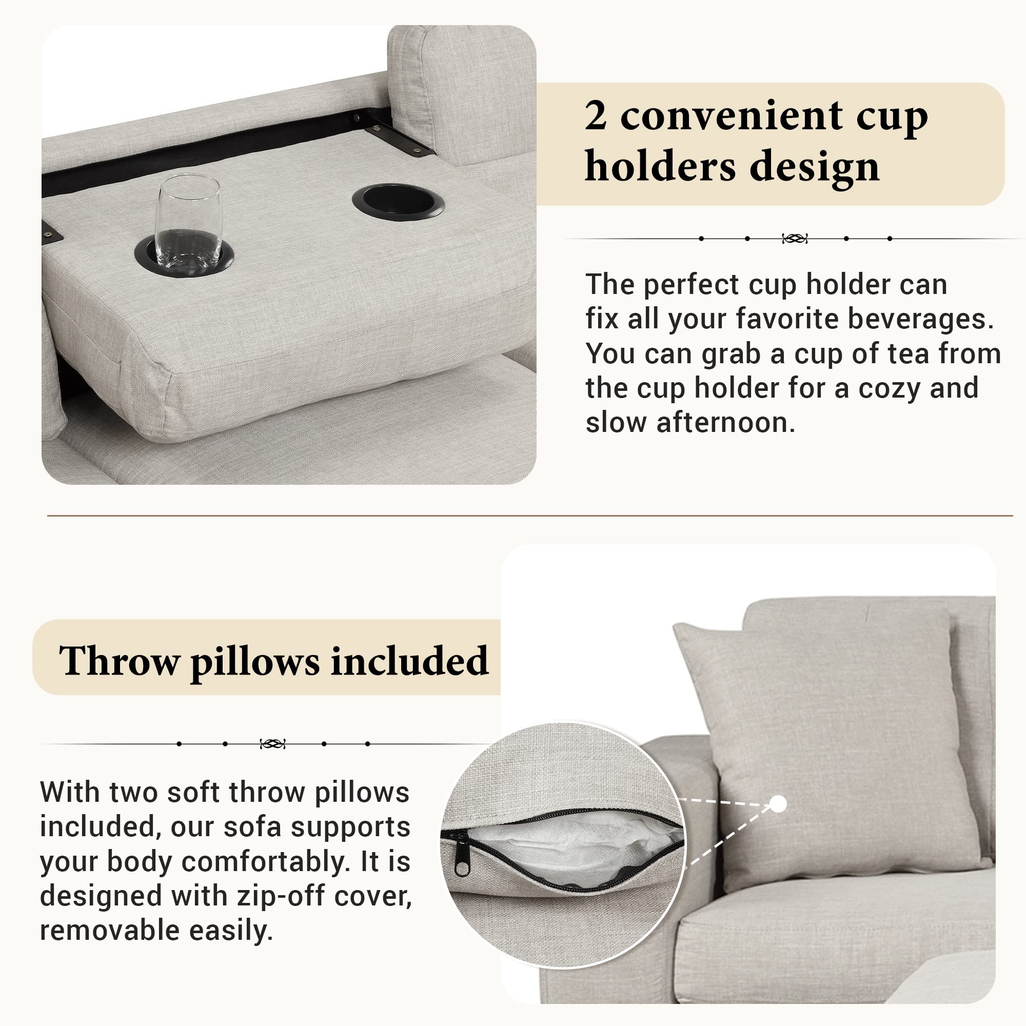 P PURLOVE Modern Sectional Sofa for Living Room, Linen L-Shape Couch with Storage Ottoman and 2 Pillows and Cup Holder, Livingroom Sofa with Reversible Chaise for Apartment, Studio (Light Gray)