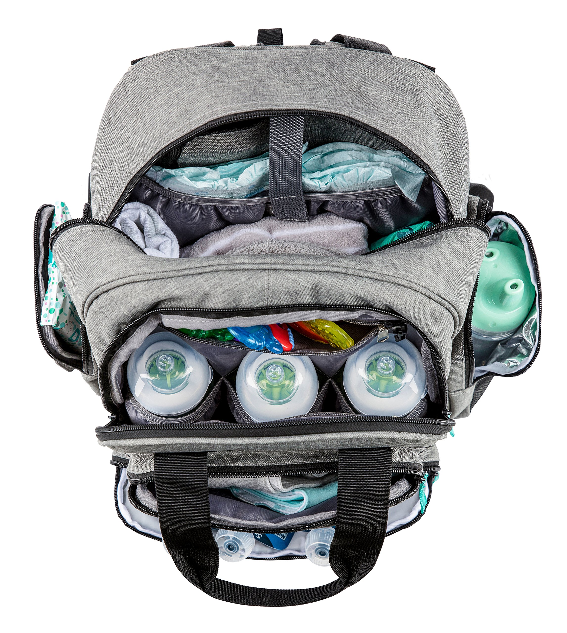 YavoBaby Diaper Bag Backpack - Large Capacity 18 Pocket Multi-Functional Unisex Diaper Bag - Extremely Durable and Stylish - Includes Changing Pad, Stroller Straps, and Nursing Pouch -Gray w/Teal Tags