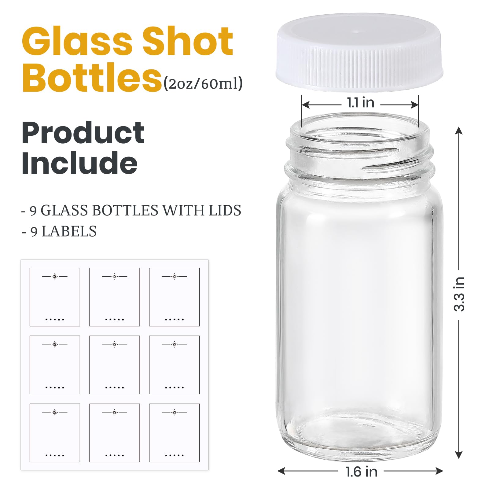 9 Pack 2 oz Glass Shot Bottles w/ White Lids & 9 Labels - Small Clear Jar for Ginger, Wellness Shot, Juice, Sample, Whiskey - Travel Essentials Mini Bottles - Wide Mouth, Leakproof, Dishwasher Safe