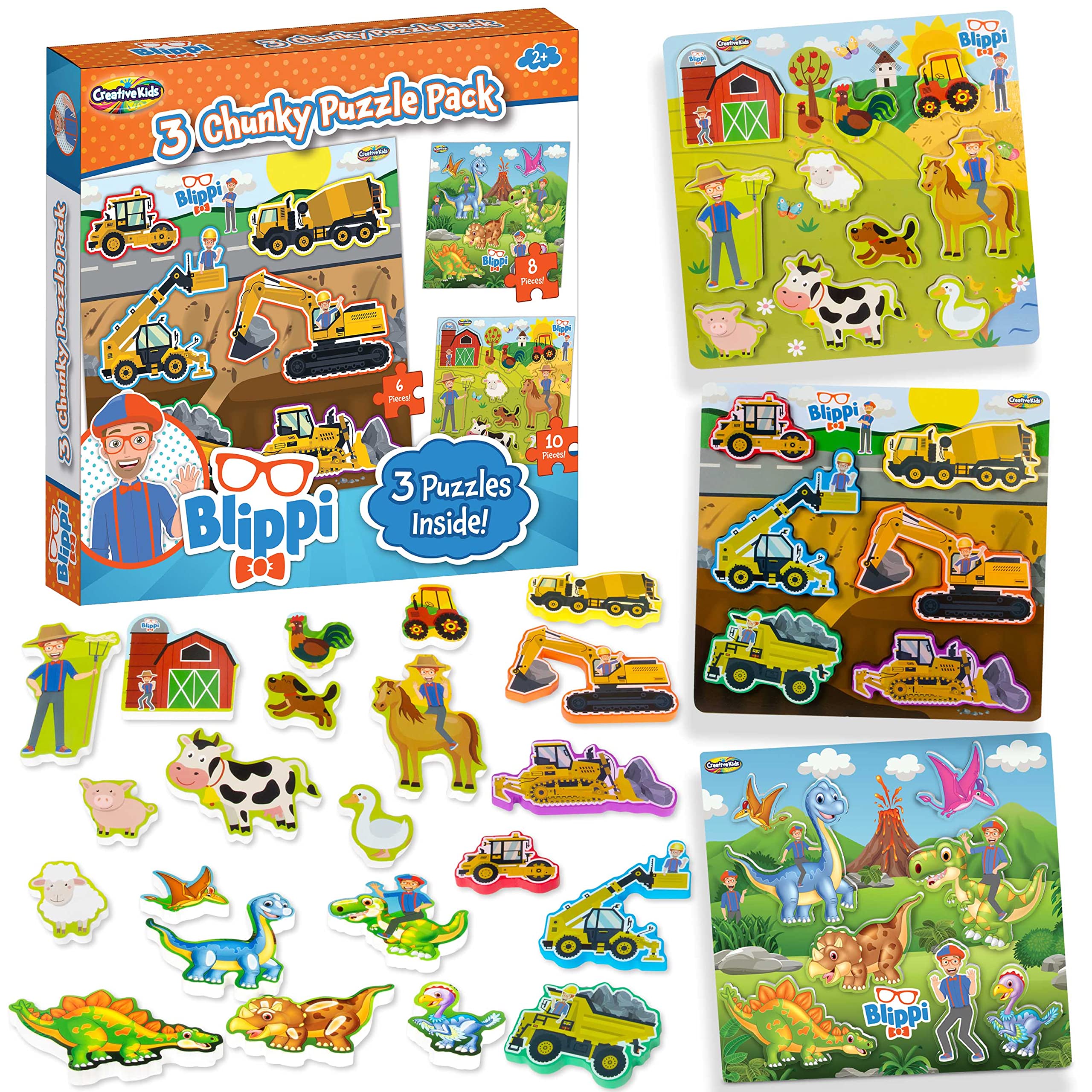 Blippi Toys for Kids by Creative Kids - 3 Chunky Puzzles for Toddlers - Wooden Animal Dinosaur Construction Puzzles - Toddler Puzzles Educational Learning Gifts Wooden Toys for Kids Ages 2+
