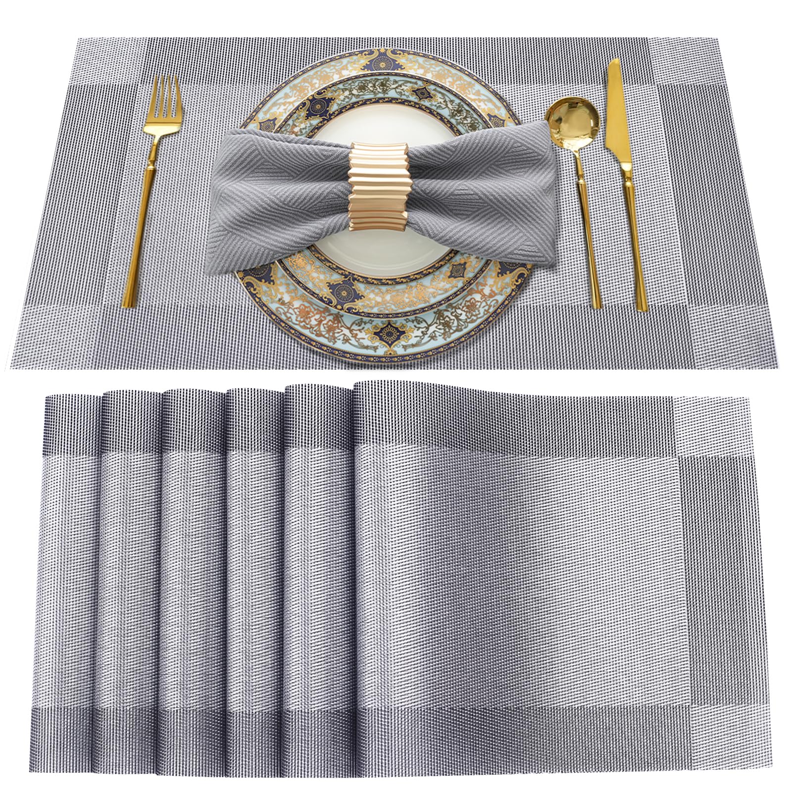 Uolr Table Mats Set of 6 Grey Washable& Wipeable Plastic Placemats for Kitchen Indoor Outdoor Heat Resistant Non Slip Woven Vinyl Table Placemats Protect Dining Table Silver Place mats (Grey)