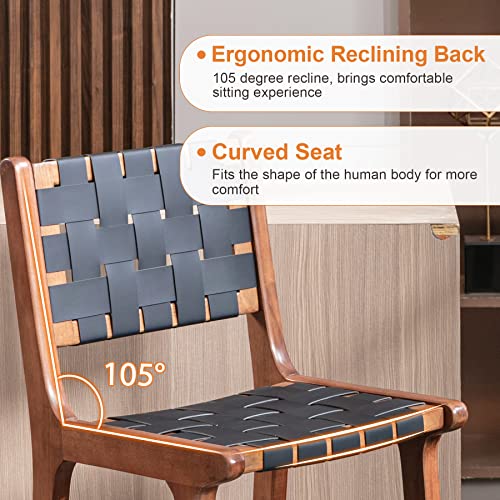 Bonzy Home 28" Woven Bar Stools Set of 2, Faux Leather Kitchen Stool Chairs with Back and Wooden Legs, Comfy Bar Chairs Bar Height Stools for Kitchen Island, Black