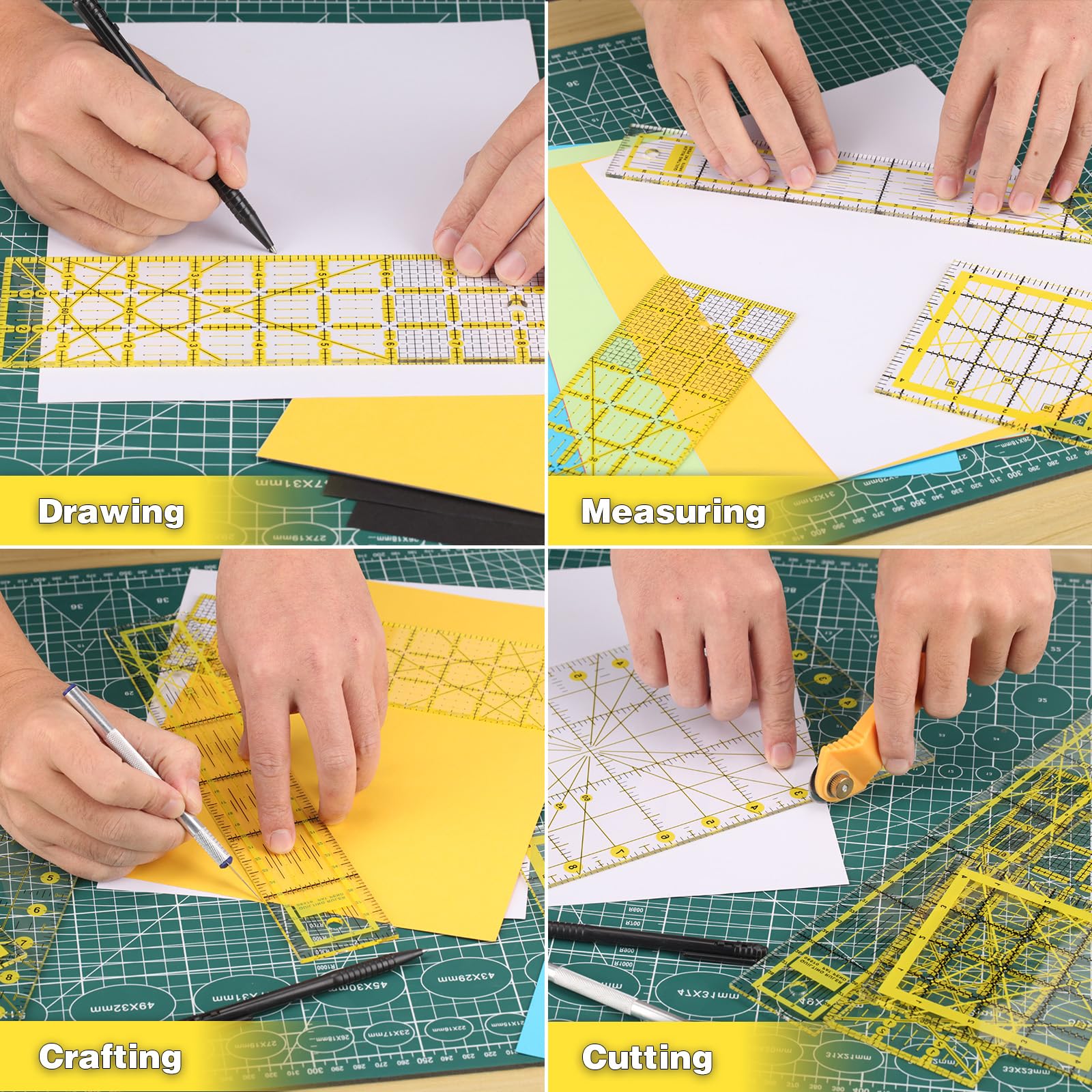 7 PCS Acrylic Quilting Ruler Set, Non Slip Rings 50 Pieces, Fabric Cutting Ruler with Double-Colored Grid Lines, Clear Mark Square Acrylic Ruler Quilting Templates for Sewing, Drawing and Crafts
