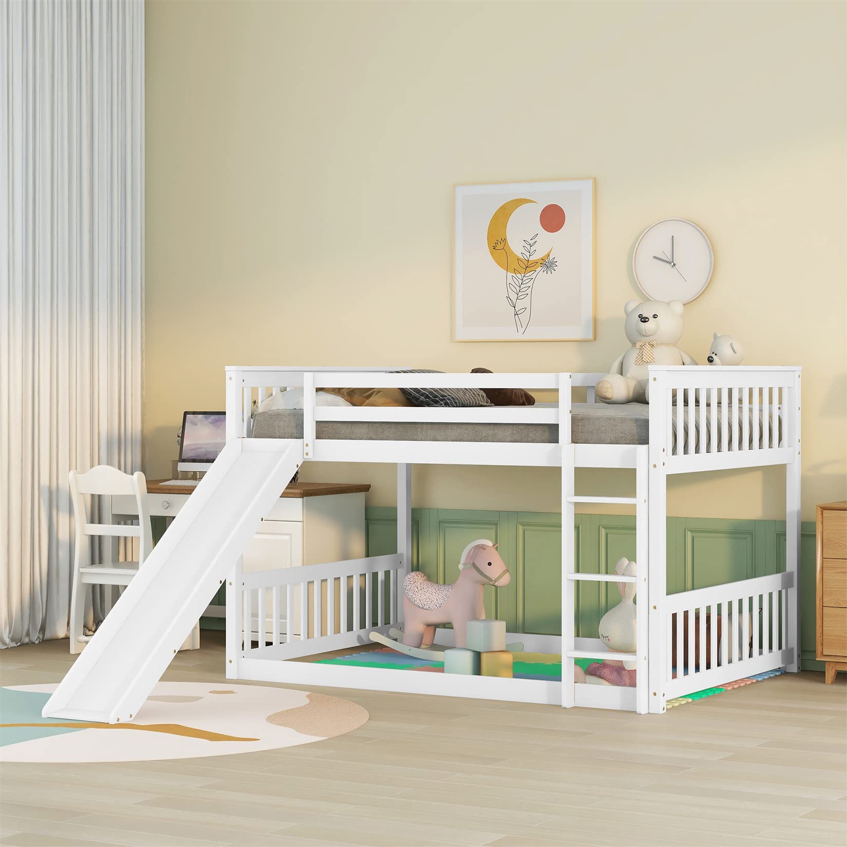 Bellemave Full Over Full Low Bunk Bed with Slide Wood Floor Bunk Beds with Ladder for Kids Boys Girls Teens, White