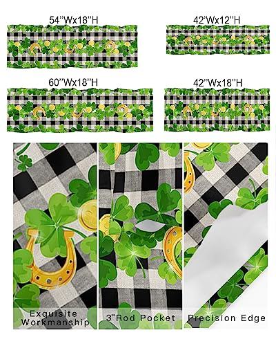 Curtain Valance for Windows St. Patrick's Day Clover Leaf Horseshoe Gold Kitchen Valances Rod Pocket Short Curtains,Black White Plaid Window Treatment Panel for Living Room Bathroom Bedroom 60x18in