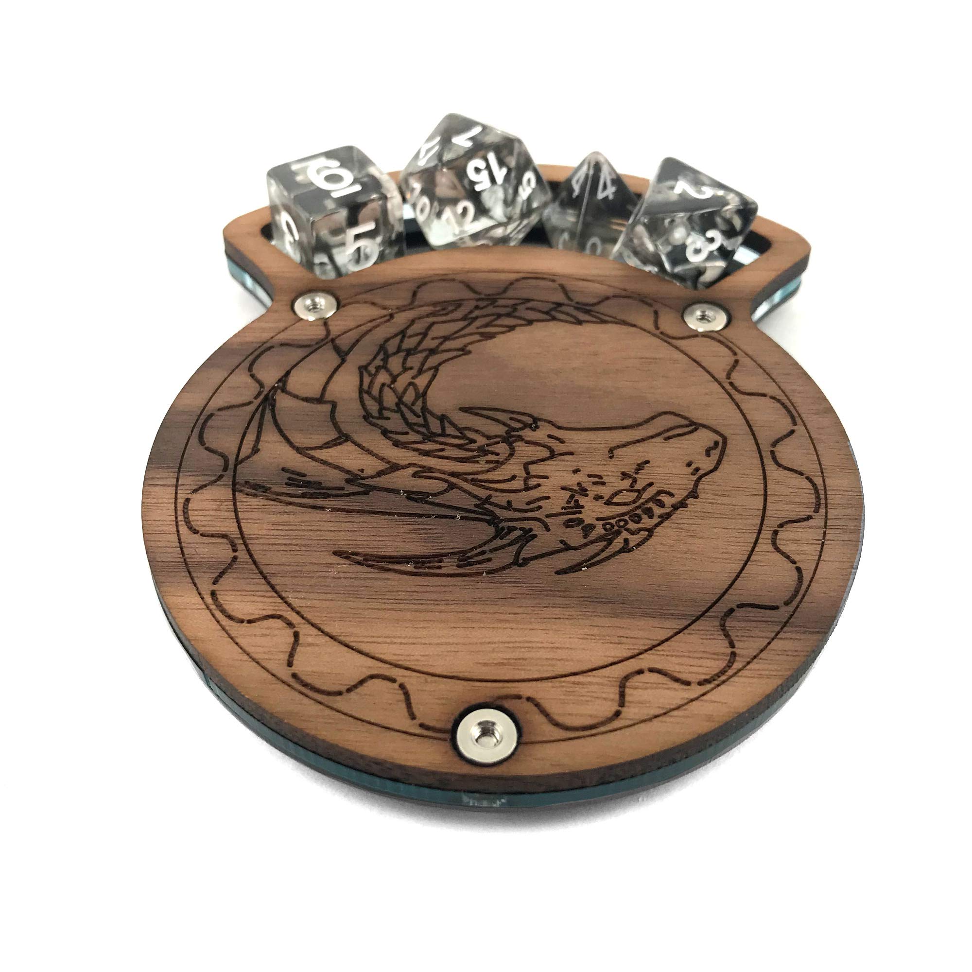 C4Labs-Walnut Dice Coaster for Tabletop Gaming-Dragon-Color Options (Edgelight Blue)