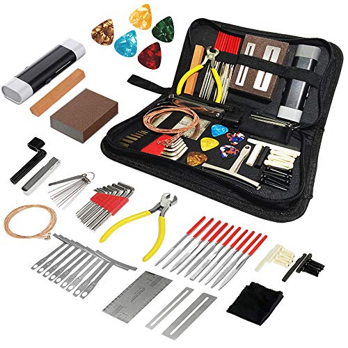 72PCS Guitar Tool KitďźProfessional Guitar Repairing Maintenance Tool Kit with Guitar Strings Picks Bridge Pins Gauge Guitar Accessories Gift for Acoustic Guitar Electric guitar Ukulele Bass Banjo