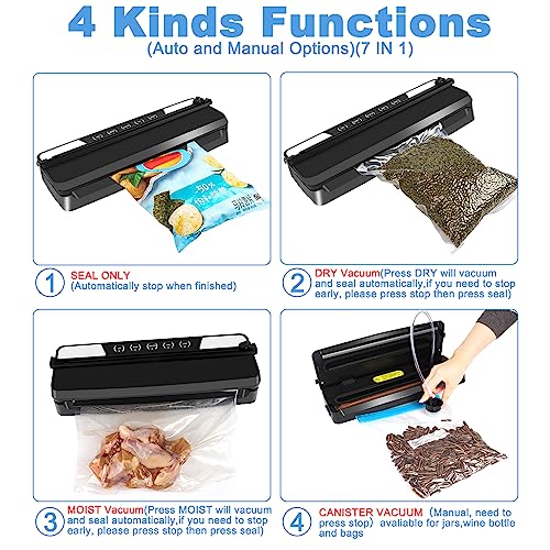 Food Vacuum Sealer 8 PCS Food Vacuum Sealer Machine 8 in 1 Automatic Vacuum Sealer with Cutter&Dry&Moist Vacuum and Seal and 3 Rolls Bags Starter Kits for Home and Kitchen