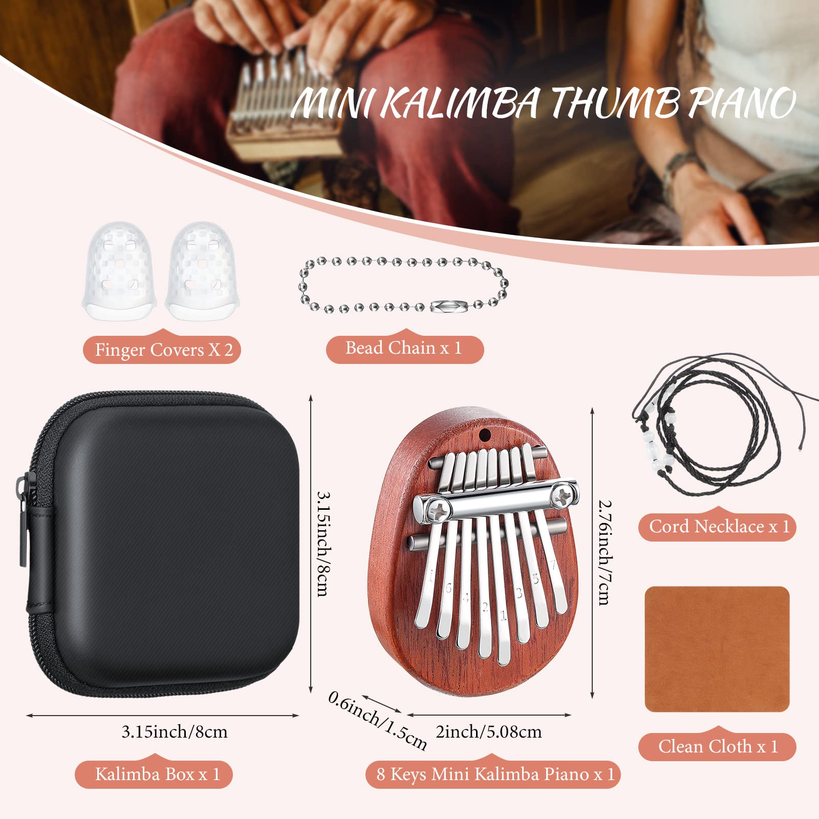 7 Pieces 8 Keys Mini Kalimba Piano Set, Mini Finger Thumb Piano with Lanyard Chain, Finger Protector and Cleaning Cloth for Kids and Adults Musical Beginners Pendant Gift (Drop Style)