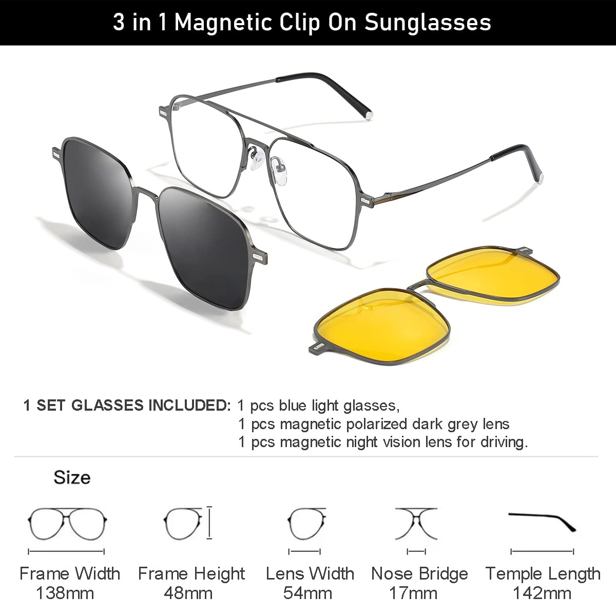 3PCS Magnetic Clip On Sunglasses for Men & Women Polarized UV Protection Retro Square Night Driving Glasses (Black)