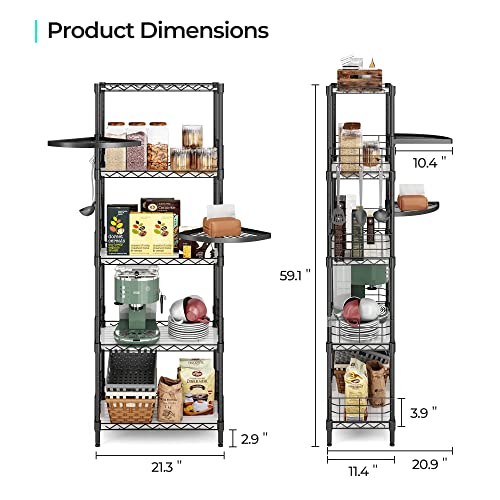 LINSY HOME 5-Tier Storage Shelves with 2 Rotatable Shelves, Height Adjustable Metal Pantry Shelves with 5 Hooks and Shelf Liners, Heavy Duty Metal Shelving, Wire Shelving for Kitchen, Bathroom -Dark