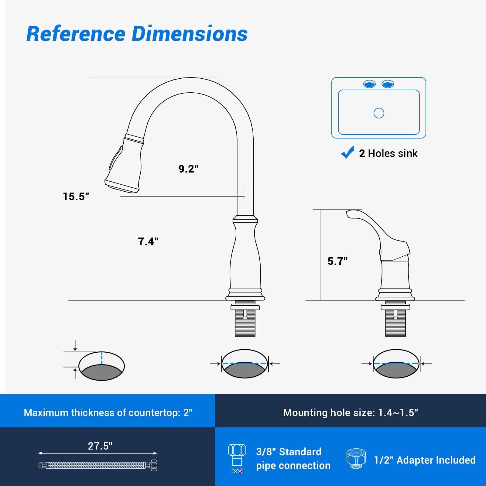 APPASO 2 Hole Kitchen Faucet with Pull Down Sprayer, Stainless Steel Brushed Nickel Commercial Kitchen Sink Faucet with Side Single Handle, APS278BN