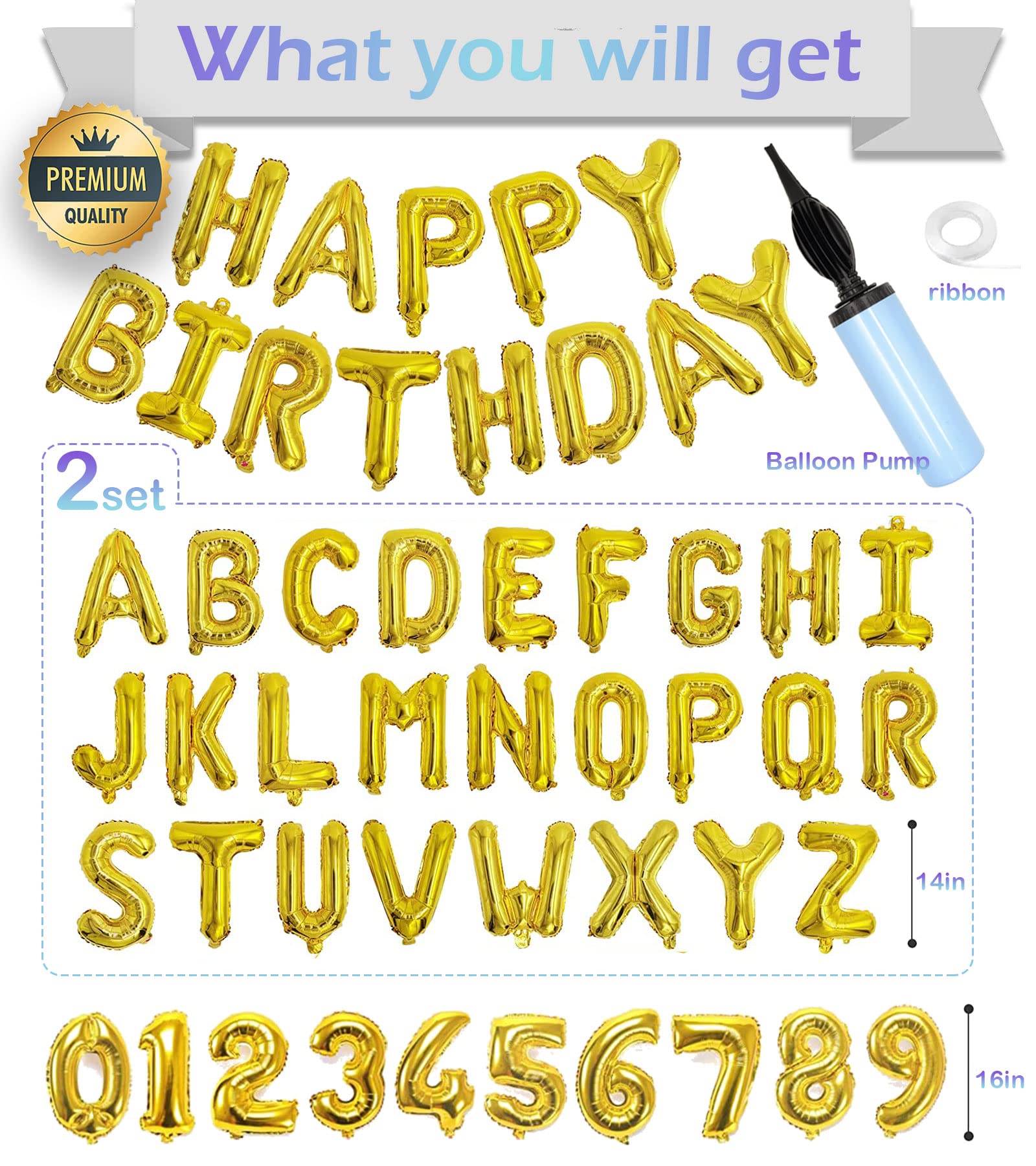76pcs Happy Birthday Balloon Banner, Gold Balloons Letters, Personalized 16" Mylar Foil Birthday Decorations includes 2 Sets A- Z, 1 set Number 0-9 and "HAPPY BIRTHDAY" letters (with Balloon Pump)