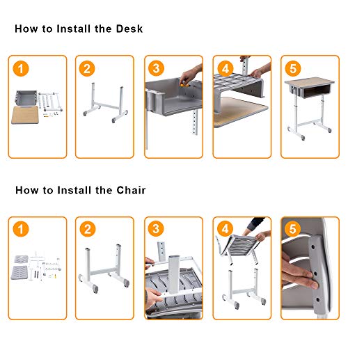 ShowMaven Student Desk and Chair Combo, Height Adjustable Children's Desk and Chair Workstation with Drawer, Pencil Grooves and Hanging Hooks for Home, School and Training (Light Grey&White Oak)