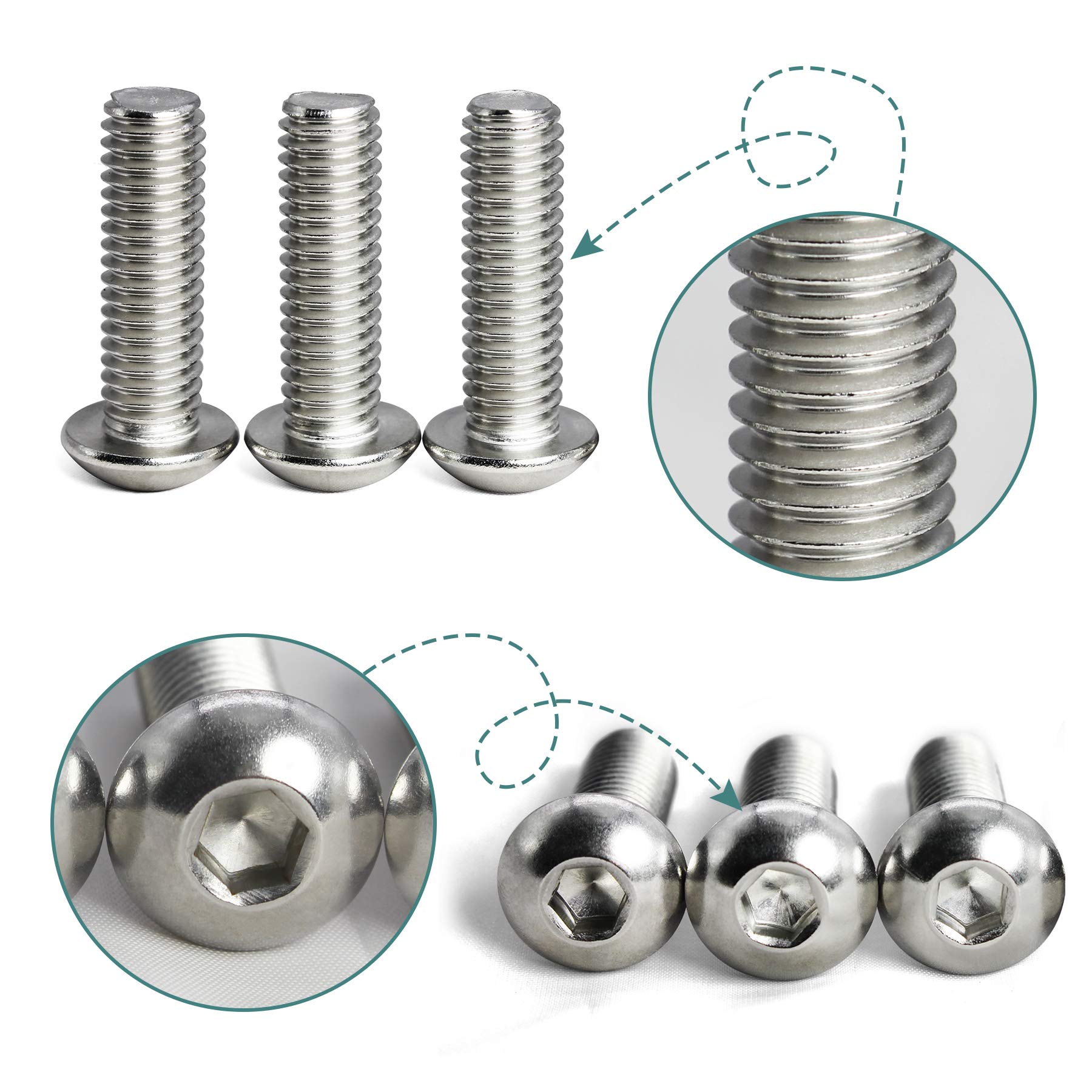 M6 x 8mm 12mm 16mm 20mm 25mm Button Head Socket Cap Screws Bolts, 304 Stainless Steel, Bright Finish, Metric Allen Hex Drive, Fully Threaded, 50PCS