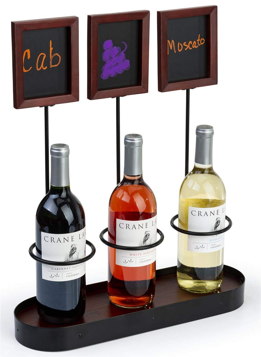 Displays2go Countertop Wine Bottle Sign Display, 3 Chalkboards ā Mahogany (WINCNTCHK3)