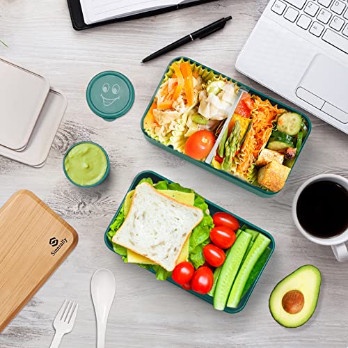 Bento Box Adult Lunch Box,2 Stackable Japanese Lunch Containers for Kids/Women with Compartments(47oz),Modern Containers with Utensil Set,Leak-Proof Lunchbox,Rectangle(Nordic Green)