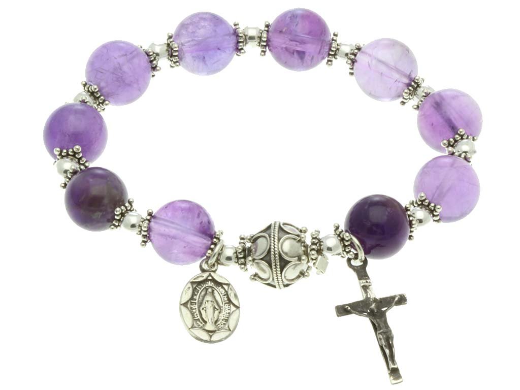 7 Sorrows Rosaries Sterling Silver Rosary, Amethyst 10mm Elastic Rosary Bracelet