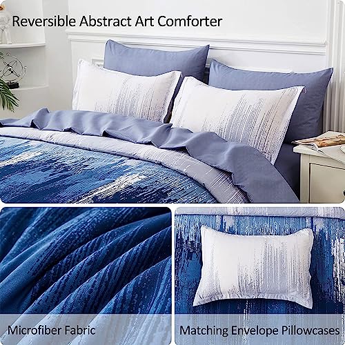 Navy Blue Comforter Set Queen,7 Pieces Bed in a Bag Colorful Abstract Art Gradient Comforter Soft Microfiber Bedding Set -1 Comforter, 1 Flat Sheet, 1 Fitted Sheet, 2 Pillow Shams,2 Pillowcases
