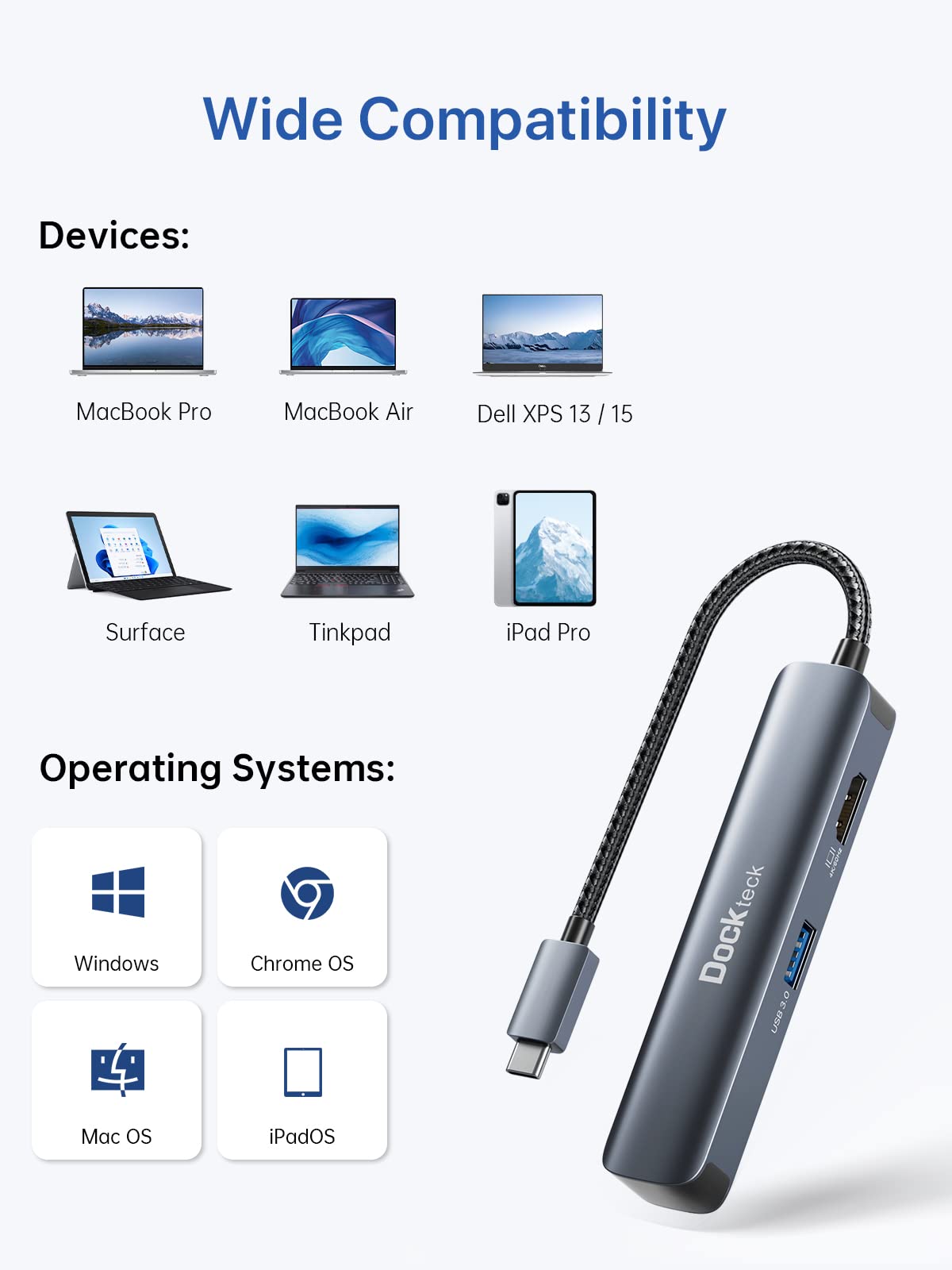 USB C Hub 4K 60Hz, USB C Adapter, Dockteck 5-in-1 USB-C Hub Multiport Adapter, SD/Micro SD Card Reader, 2 USB 3.0, for MacBook Air/Pro, iPad Air/Pro, XPS