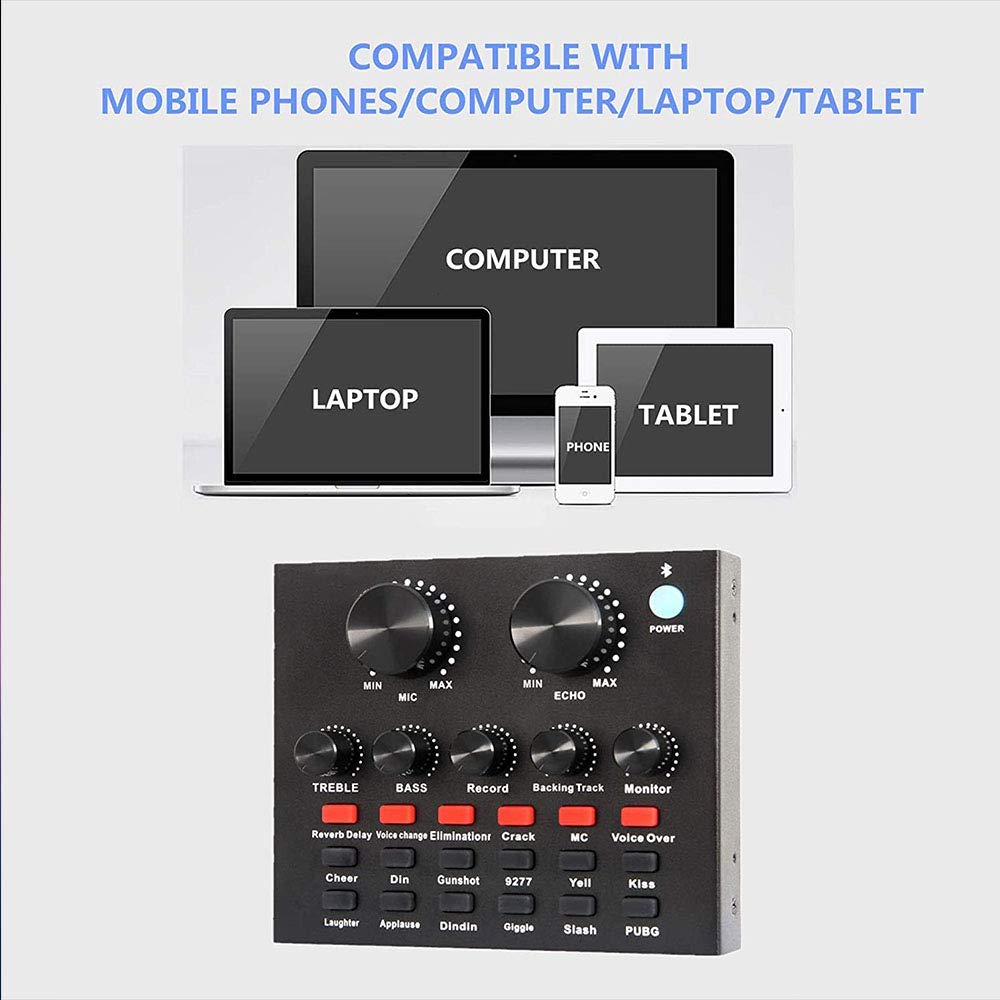 Bluetooth Sound Mixer Board, V8 Sound Card, for Live Streaming with Effects, for Music Recording Karaoke Singing Broadcast on Cell Phone Computer Laptop Tablet