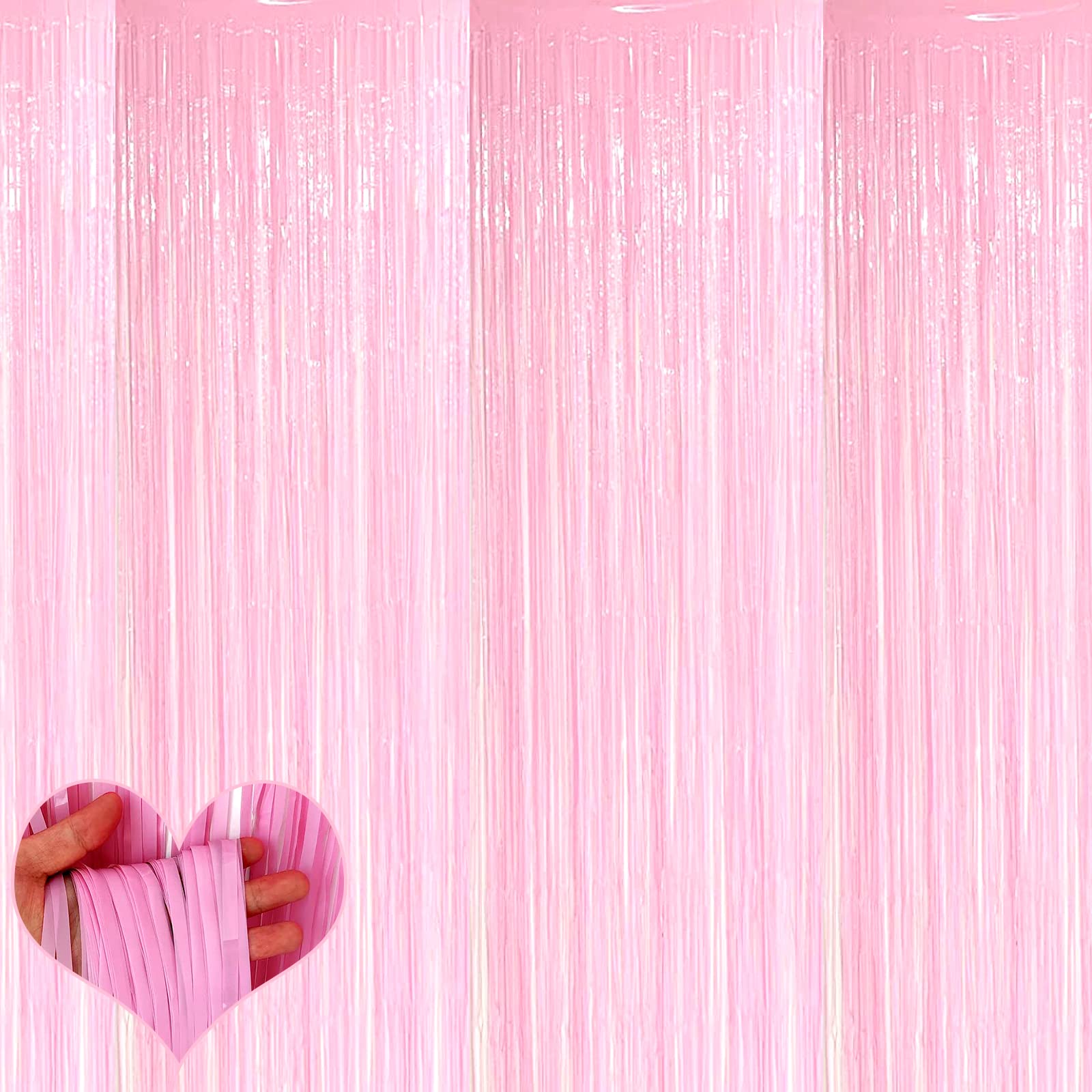 4 Pack Pink Fringe Curtain Backdrop, 3.2Ft x 6.6Ft Metallic Tinsel Foil Fringe Streamers Curtains Background for Photo Booth Birthday Wedding Baby Shower Party Thanksgiving Christmas Decorations